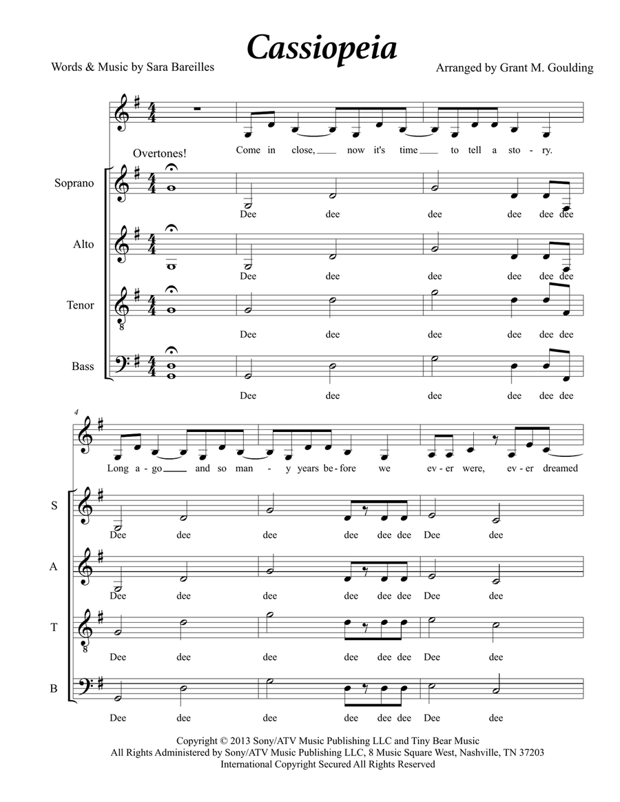 Cassiopeia by Sara Bareilles - 4-Part - Intermediate Digital Sheet ...