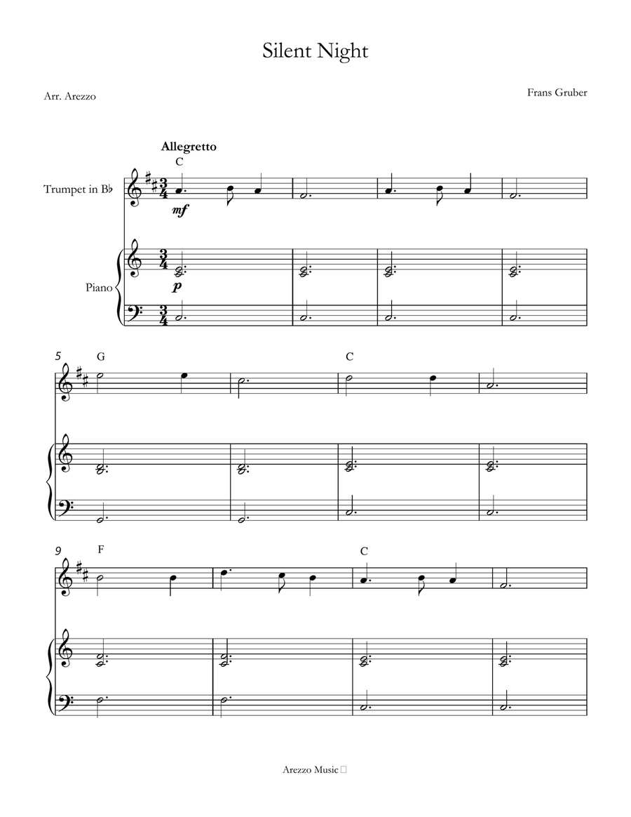 Franz Gruber Silent Night Easy Trumpet and Piano Sheet Music With Chords symbols by Franz Xaver ...