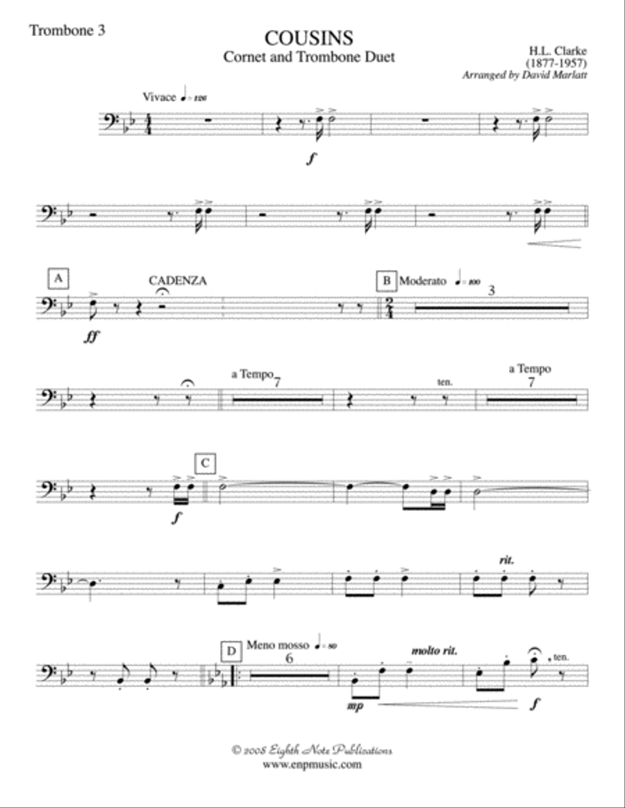 Cousins Cornet And Trombone Duet And Concert Band 3rd Trombone By