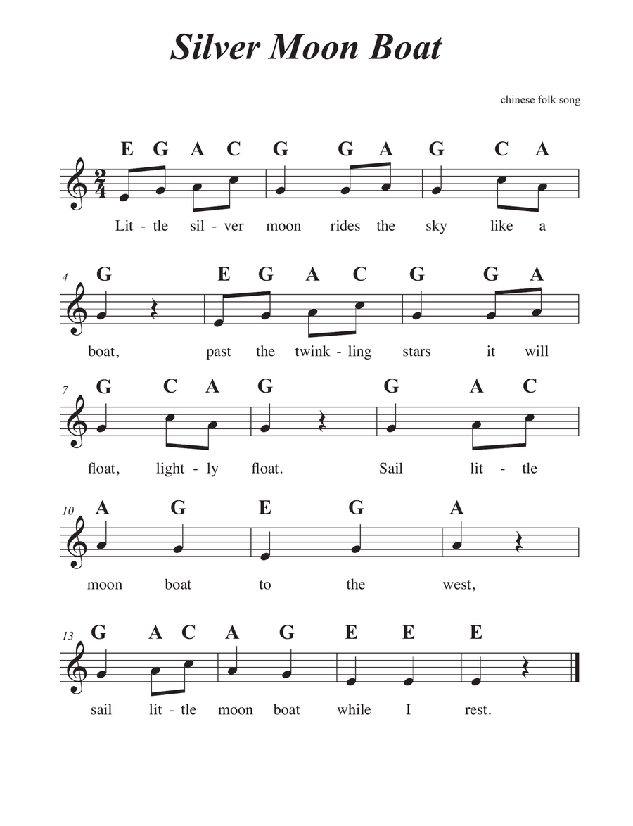 Silver Moon Boat - Easy by Chinese Folk Song - Recorder - Digital Sheet ...