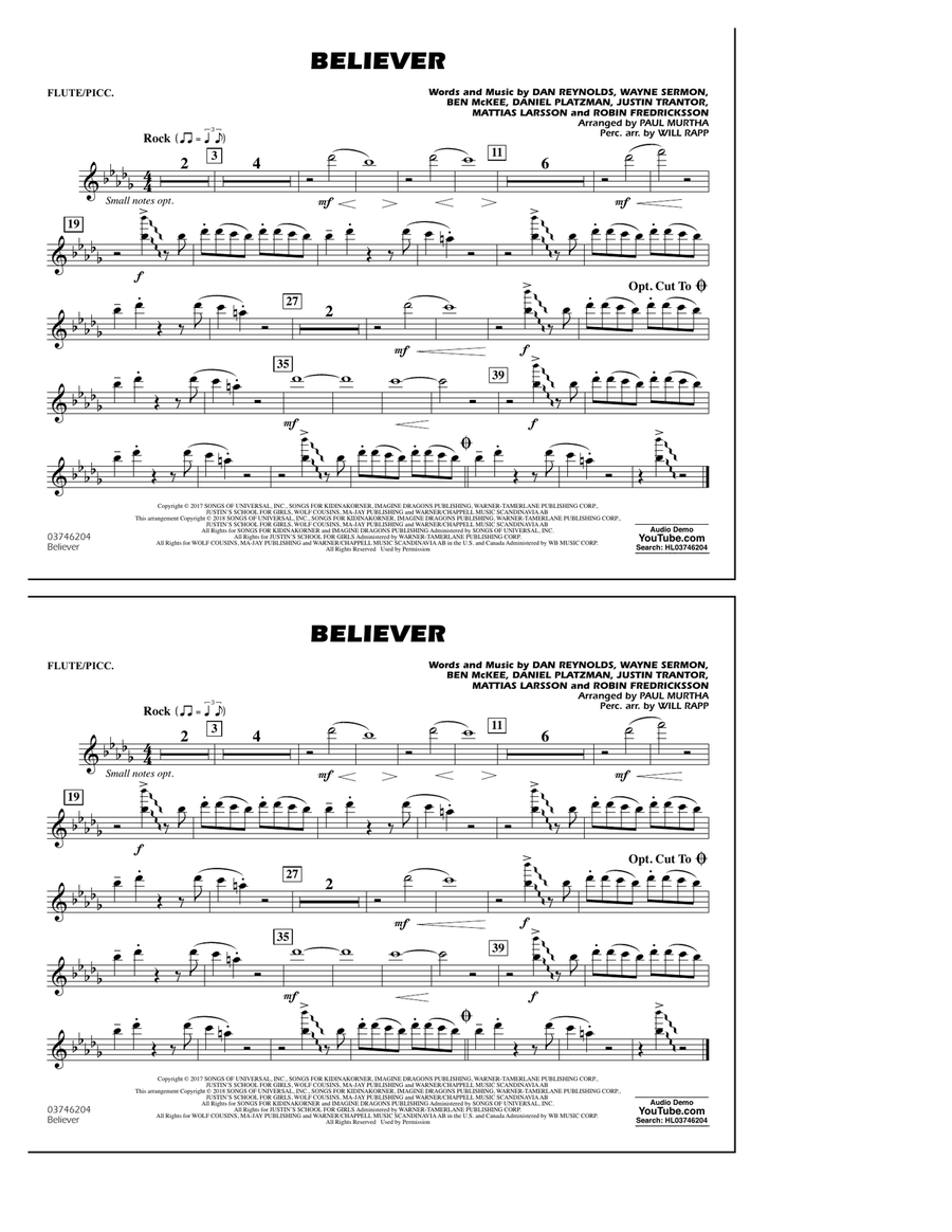 Believer - Flute/Piccolo by Imagine Dragons - Piccolo - Digital Sheet ...