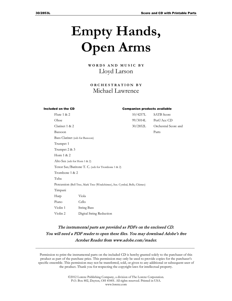 Empty Hands, Open Arms - Orchestral Score with Printable Parts ...