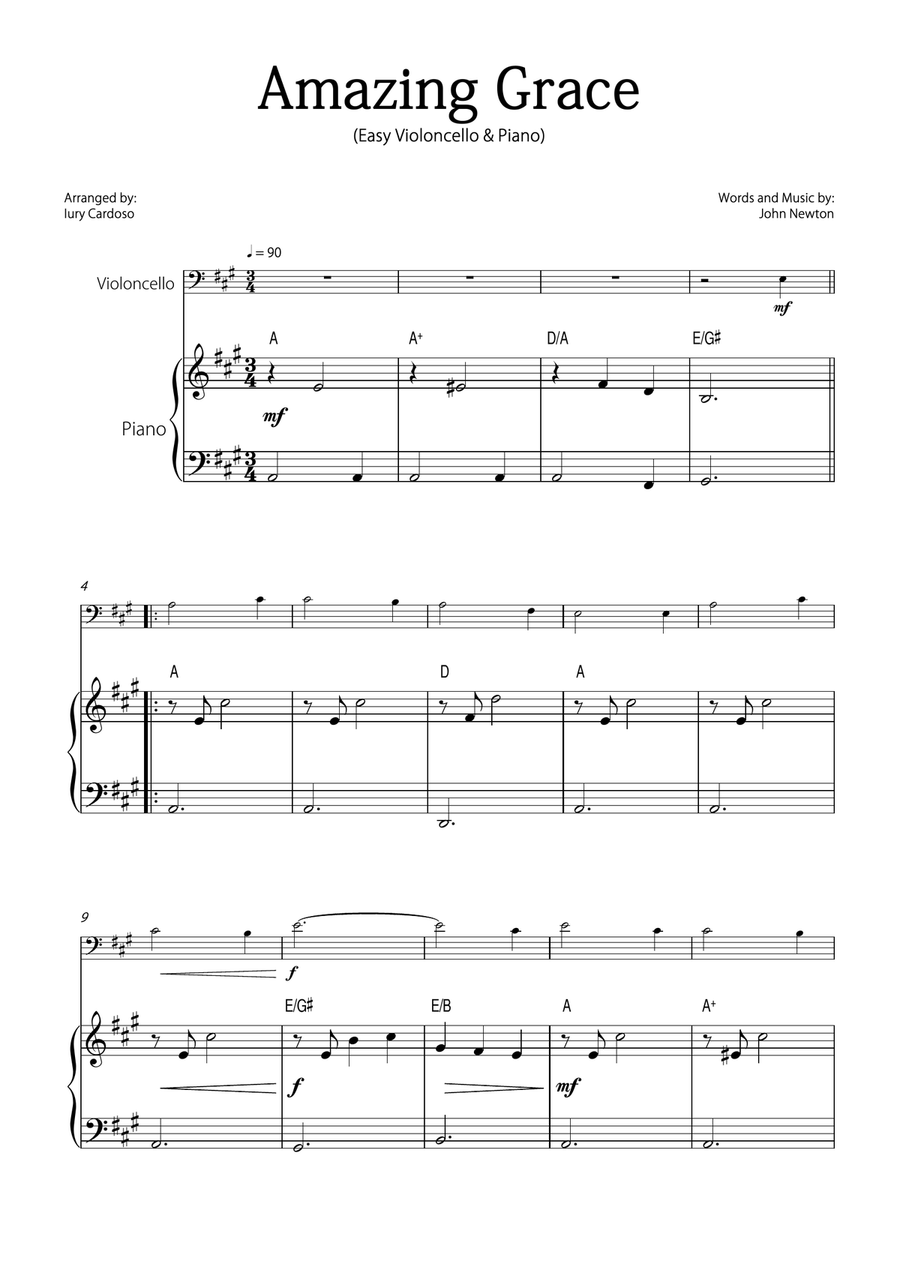 "Amazing Grace" - Beautiful easy version for CELLO and PIANO. by John ...