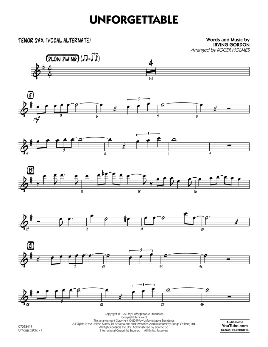 Unforgettable (arr. Roger Holmes) - Tenor Sax Solo (Vocal Alt) by Nat ...