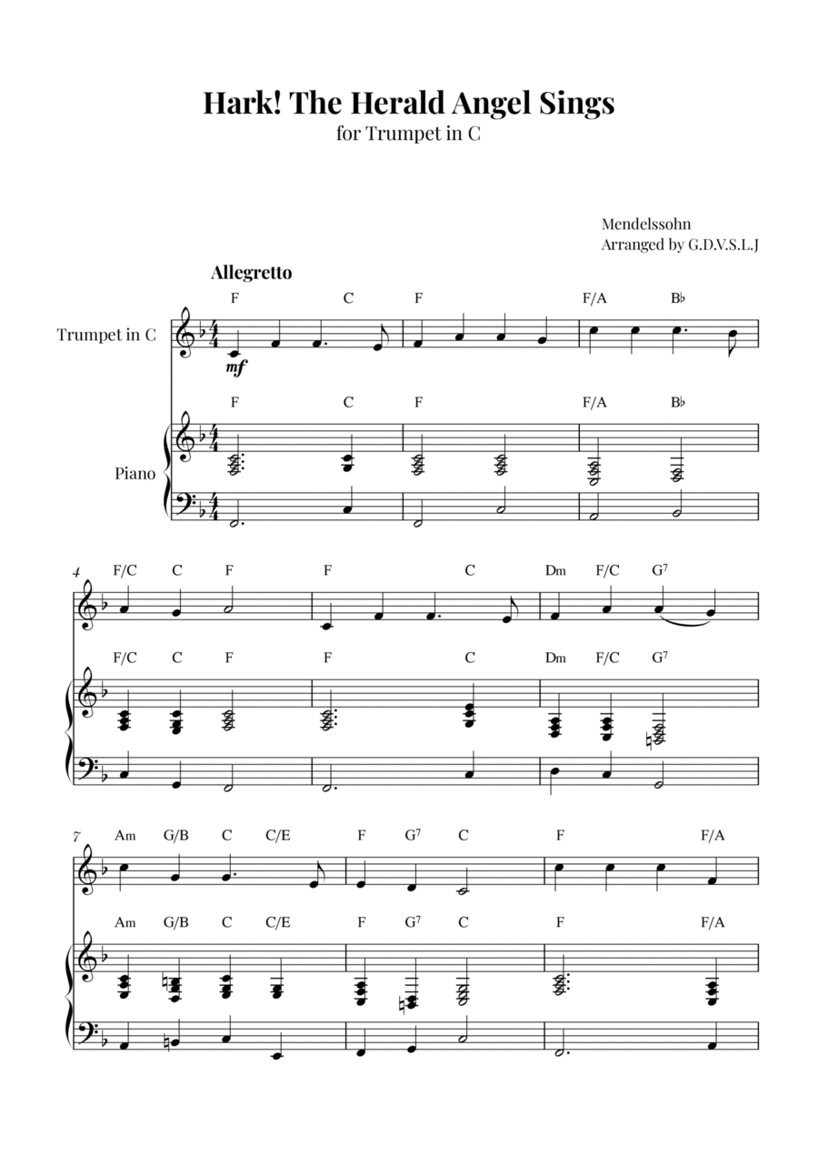 Hark! The Herald Angel Sings by Felix Bartholdy Mendelssohn - C Trumpet ...