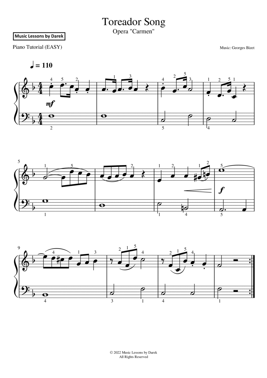 Toreador Song / March of the Toreadors (EASY PIANO) Opera "Carmen ...