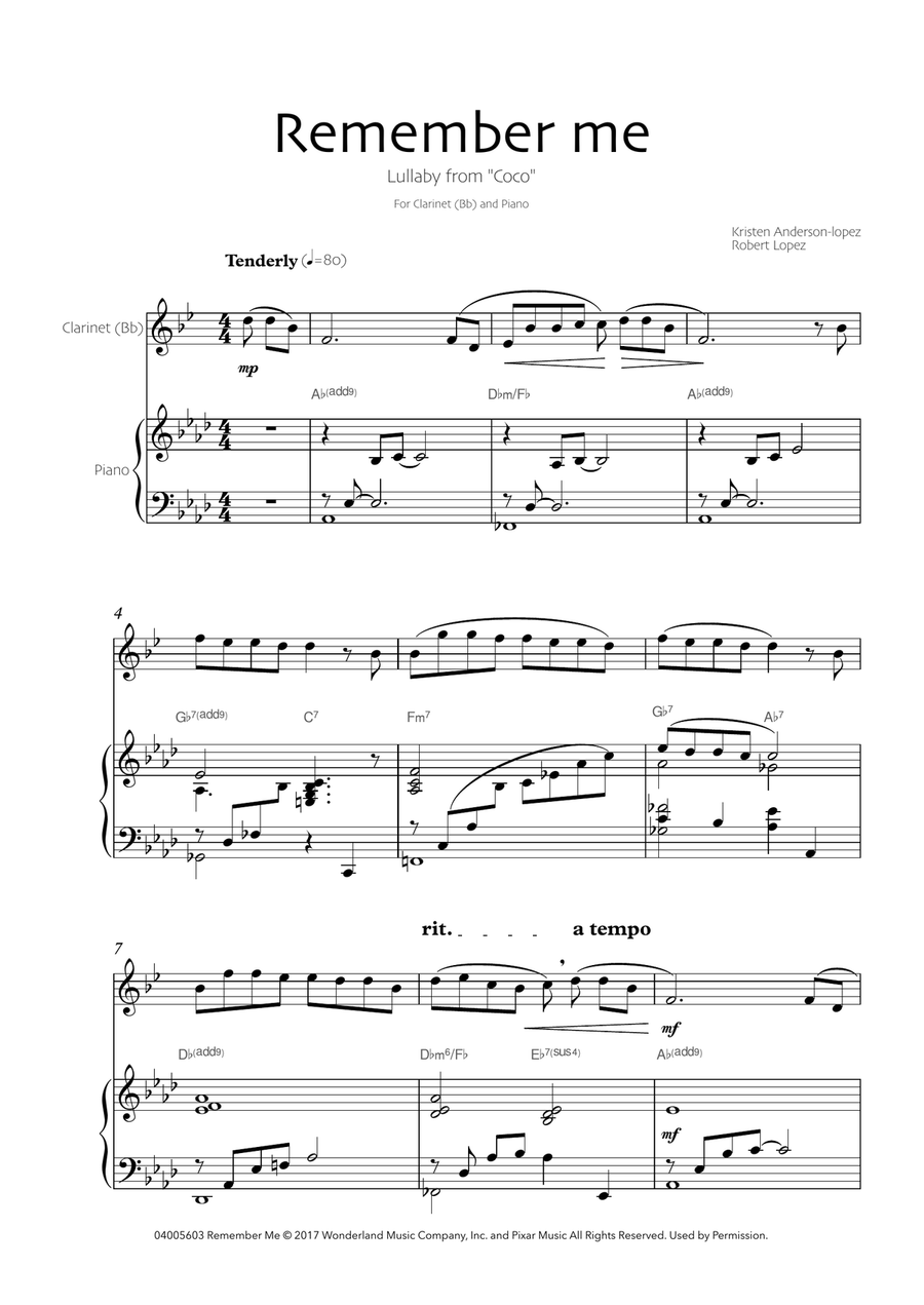Remember Me (lullaby) by Robert Lopez - B-Flat Clarinet, Piano ...
