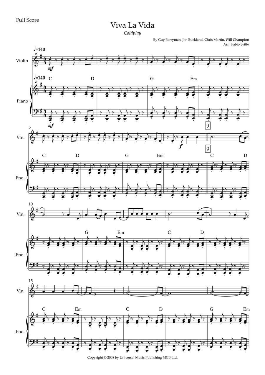 Viva La Vida by Coldplay - Piano, Violin Solo - Late Intermediate ...