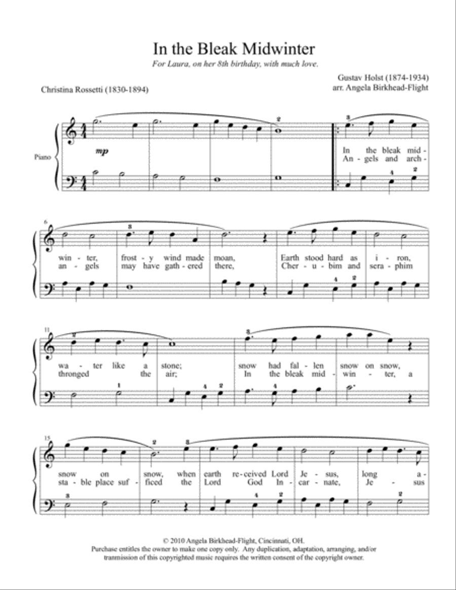 Mid Winter Carol In The Bleak Midwinter Easy Piano Digital Sheet