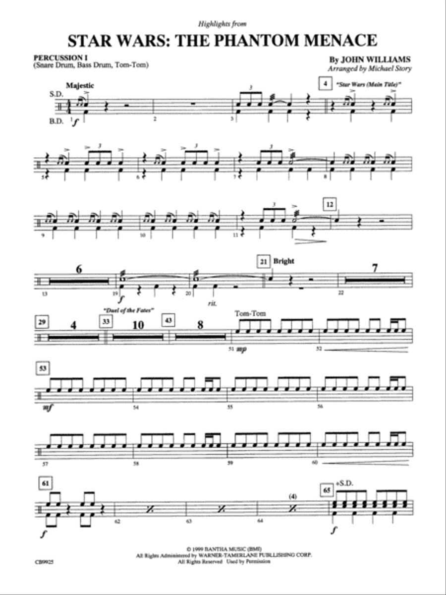 Highlights From Star Wars Episode I The Phantom Menace 1st Percussion