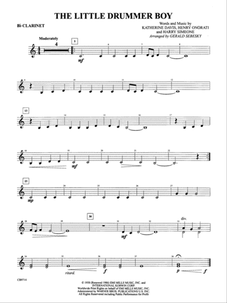 The Little Drummer Boy: 1st B-flat Clarinet by Katherine K. Davis ...