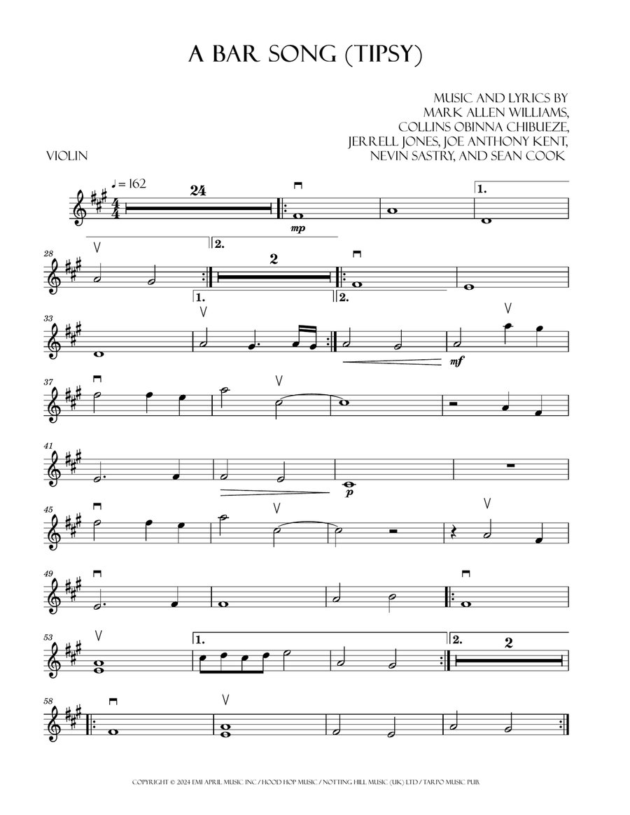 A Bar Song (Tipsy) by Shaboozey - Violin Solo - Digital Sheet Music ...