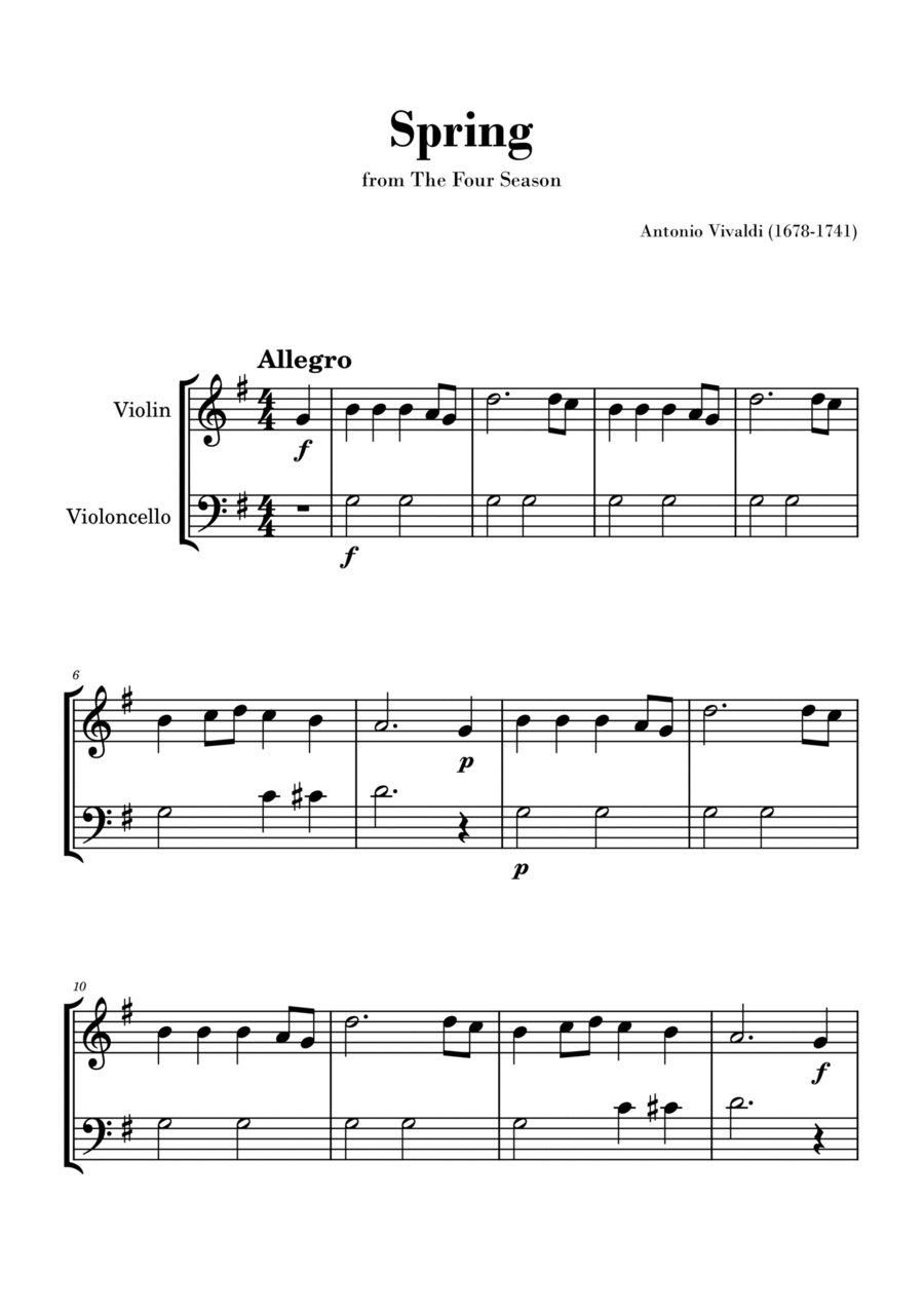 Spring from 'The Four Seasons' by Vivaldi - Easy Violin and Cello Duet ...