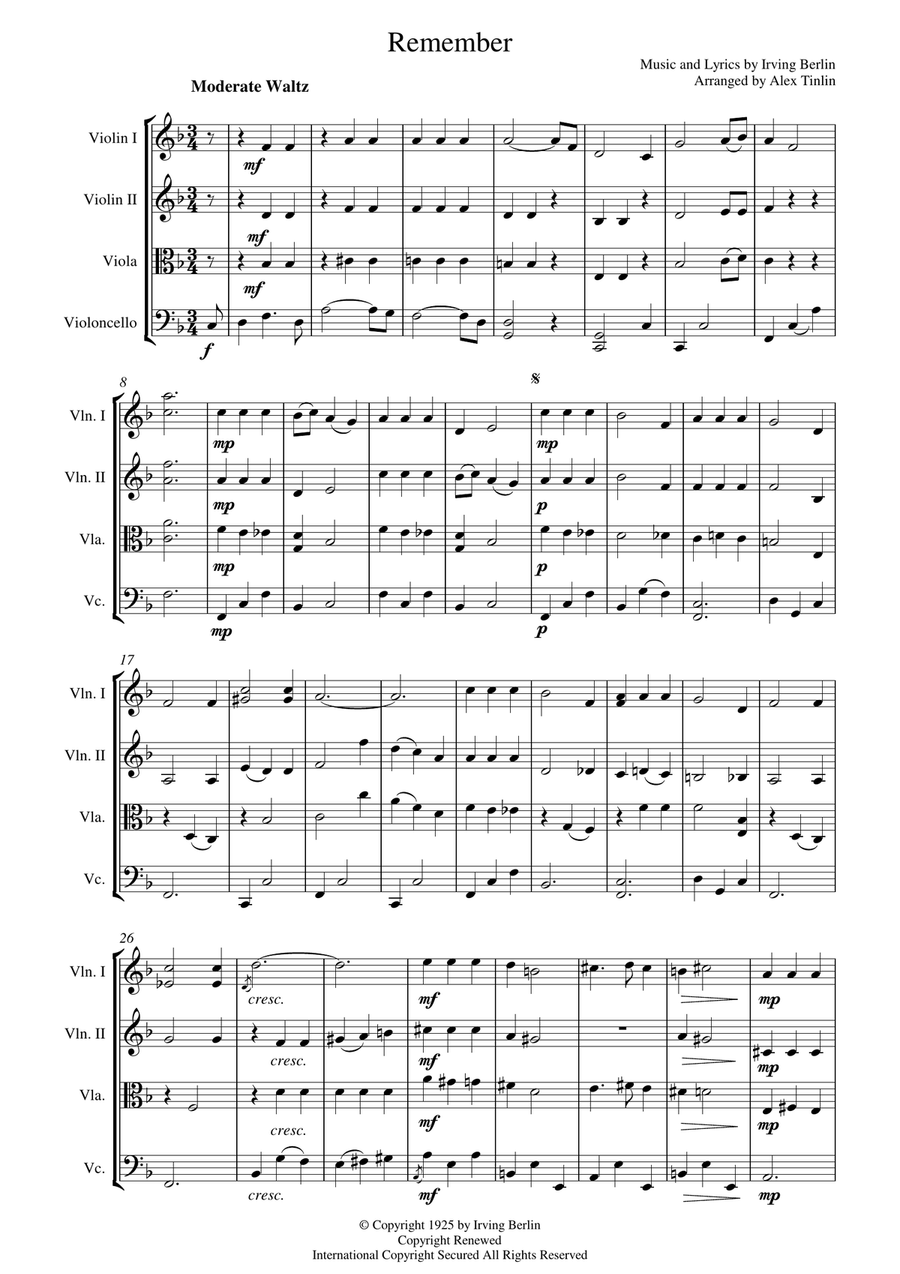 Remember by Irving Berlin - Cello, Viola, Violin - Early Intermediate ...