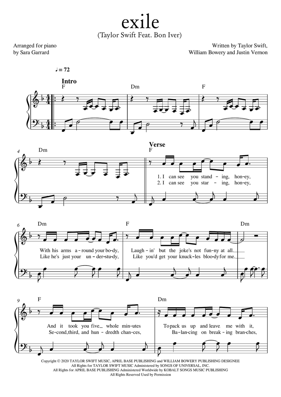 Exile by Taylor Swift - Piano Solo - Digital Sheet Music | Sheet Music Plus