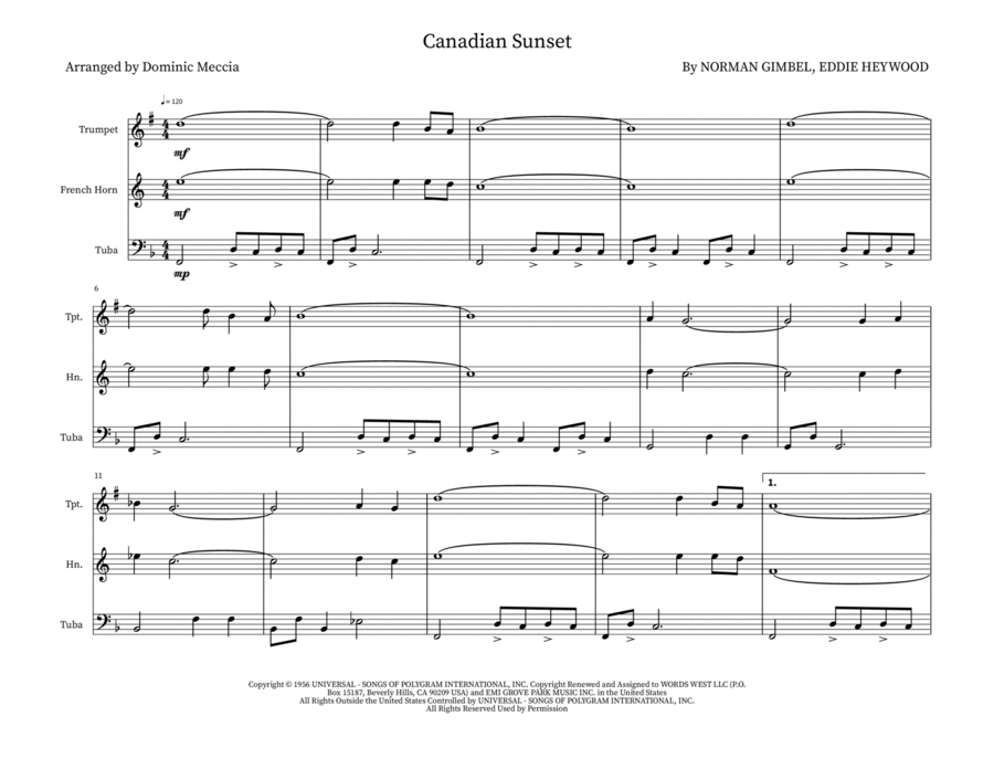 Canadian Sunset - Horn, Trumpet, Tuba - Intermediate Digital Sheet ...