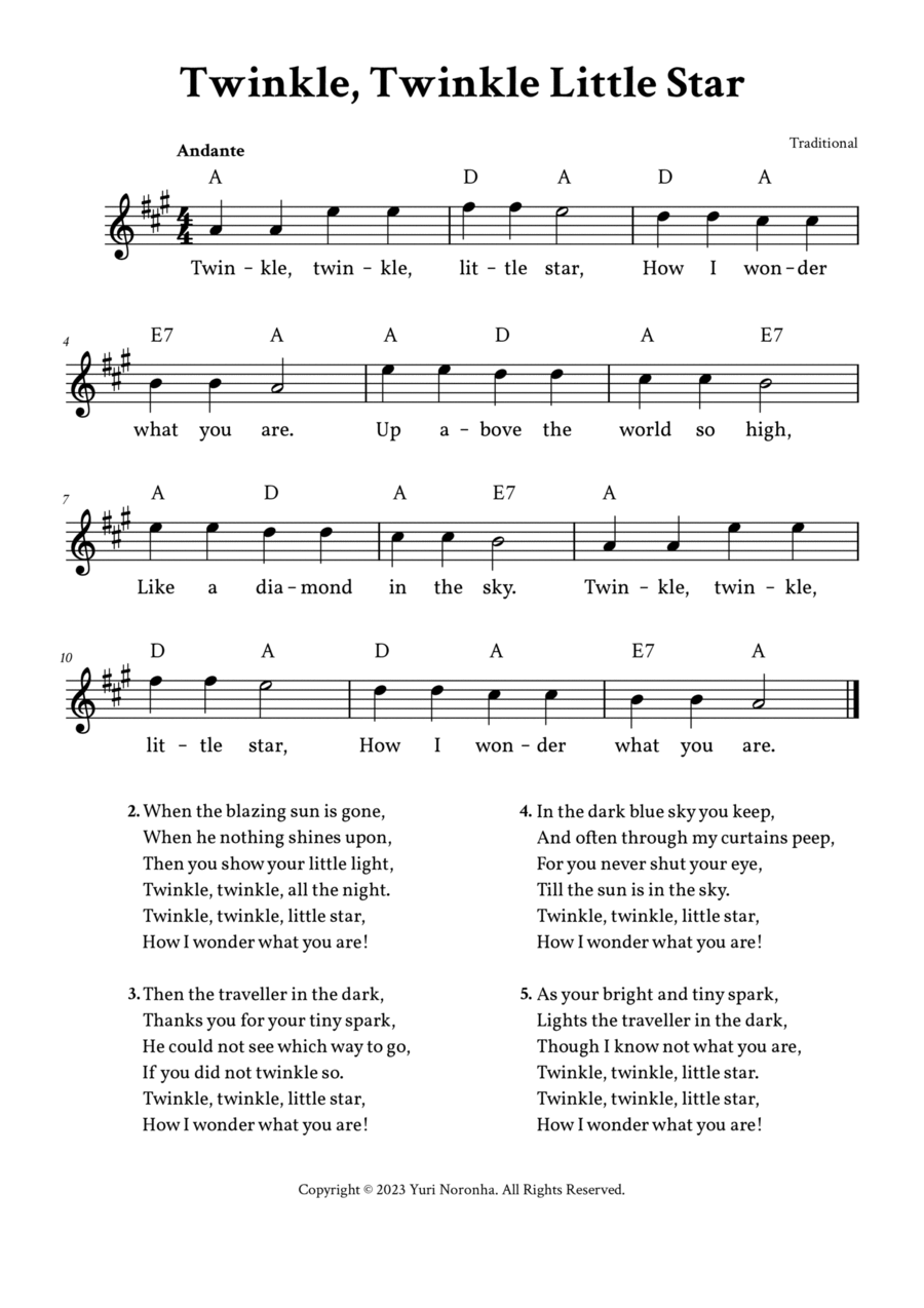Twinkle, Twinkle Little Star - Lead Sheet - A Major (Full Lyrics) by ...