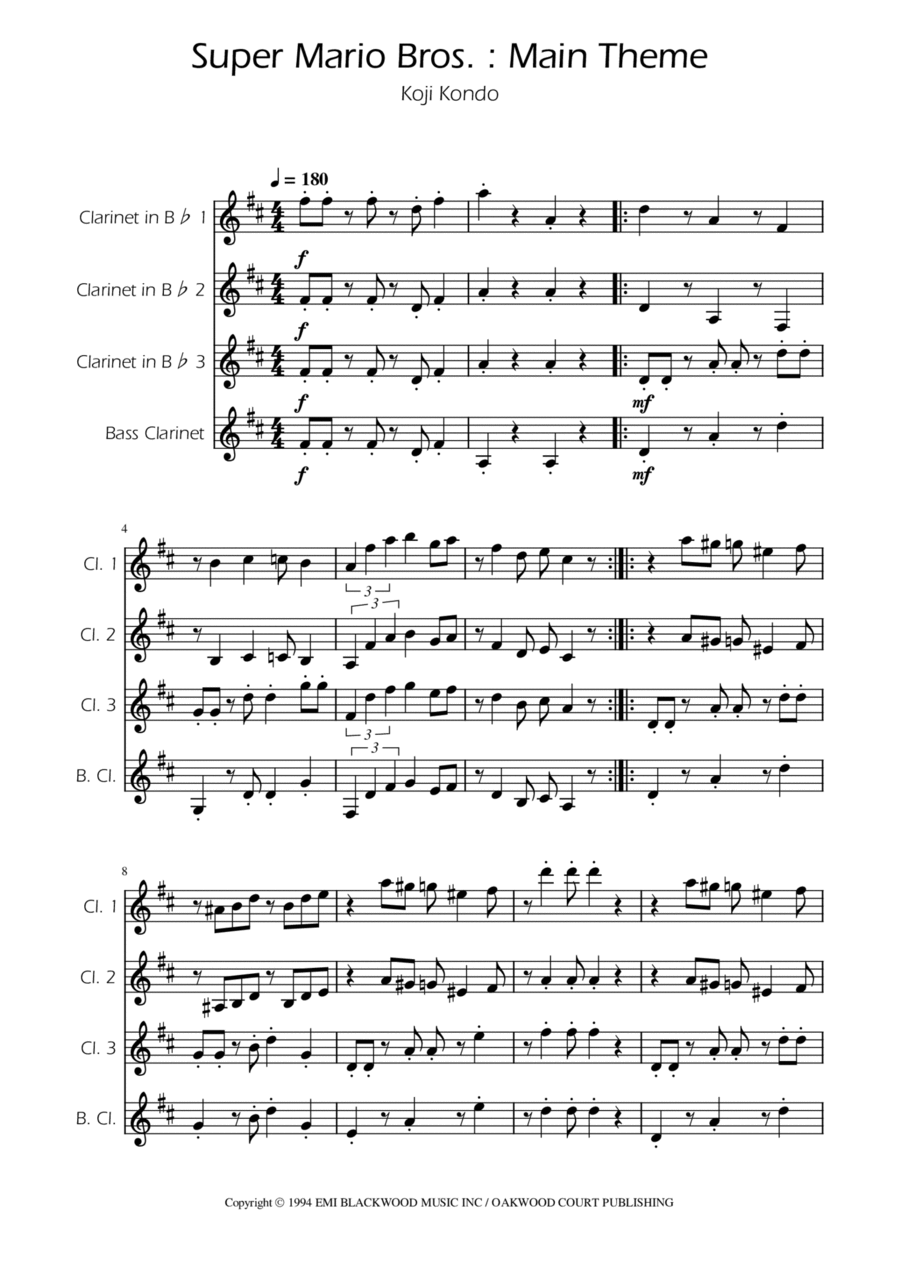 Super Mario Bros Theme - Clarinet Quartet - Digital Sheet Music | Sheet ...