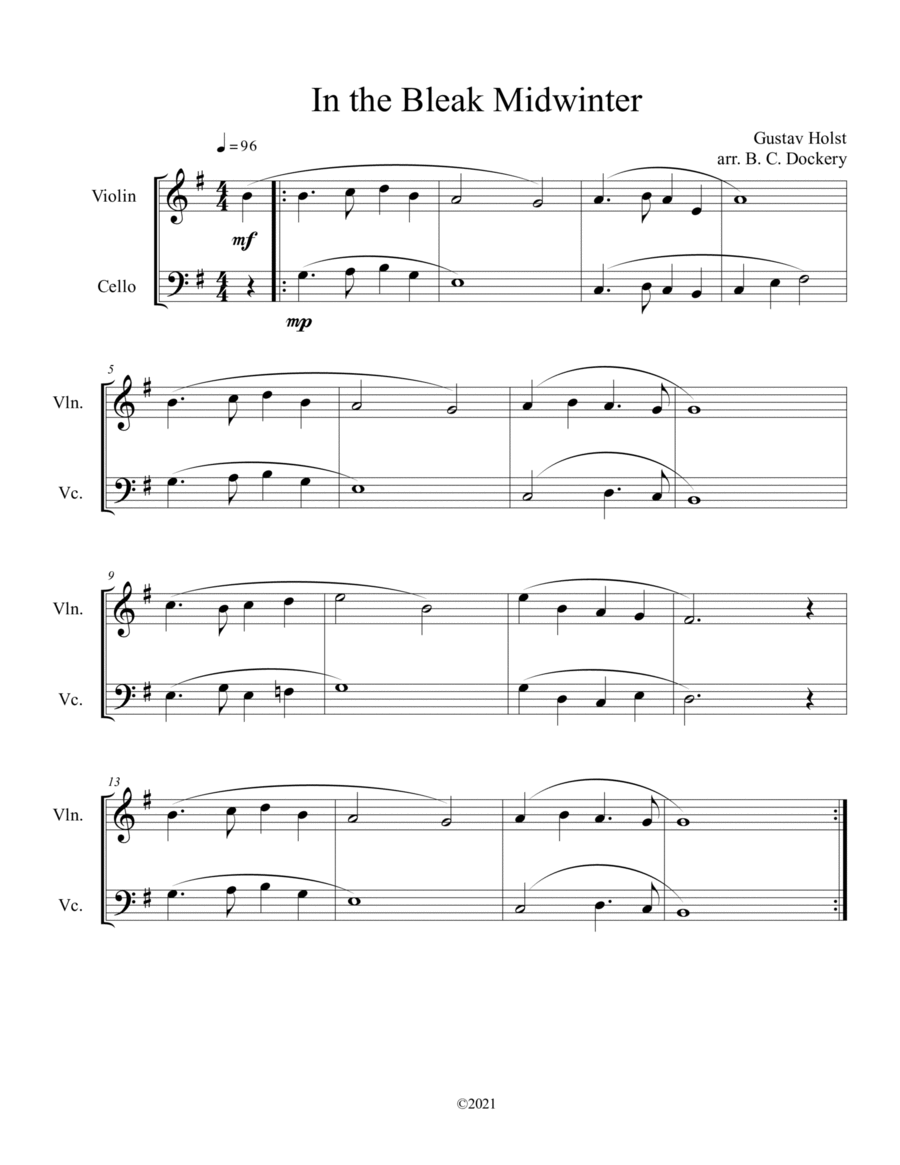 In The Bleak Midwinter Violin And Cello Duet By Gustav Holst String