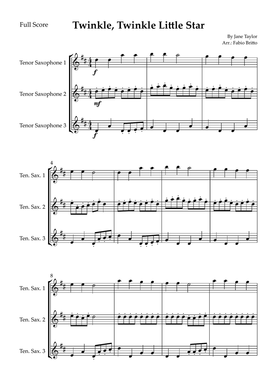 Twinkle, Twinkle Little Star for Tenor Saxophone Trio - Woodwind Trio ...