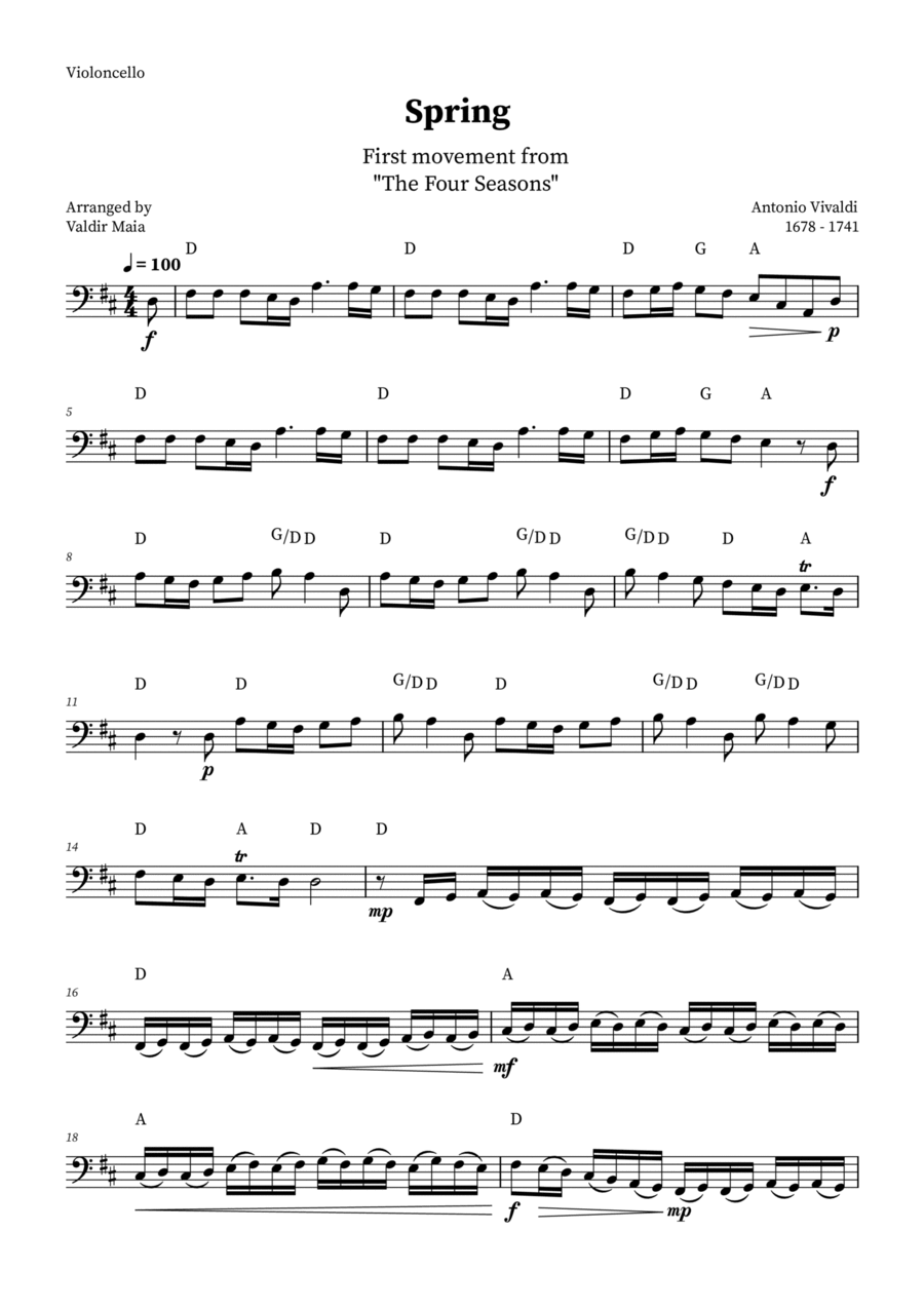 Spring - The Four Seasons for Cello Solo (D Major with chords) by ...