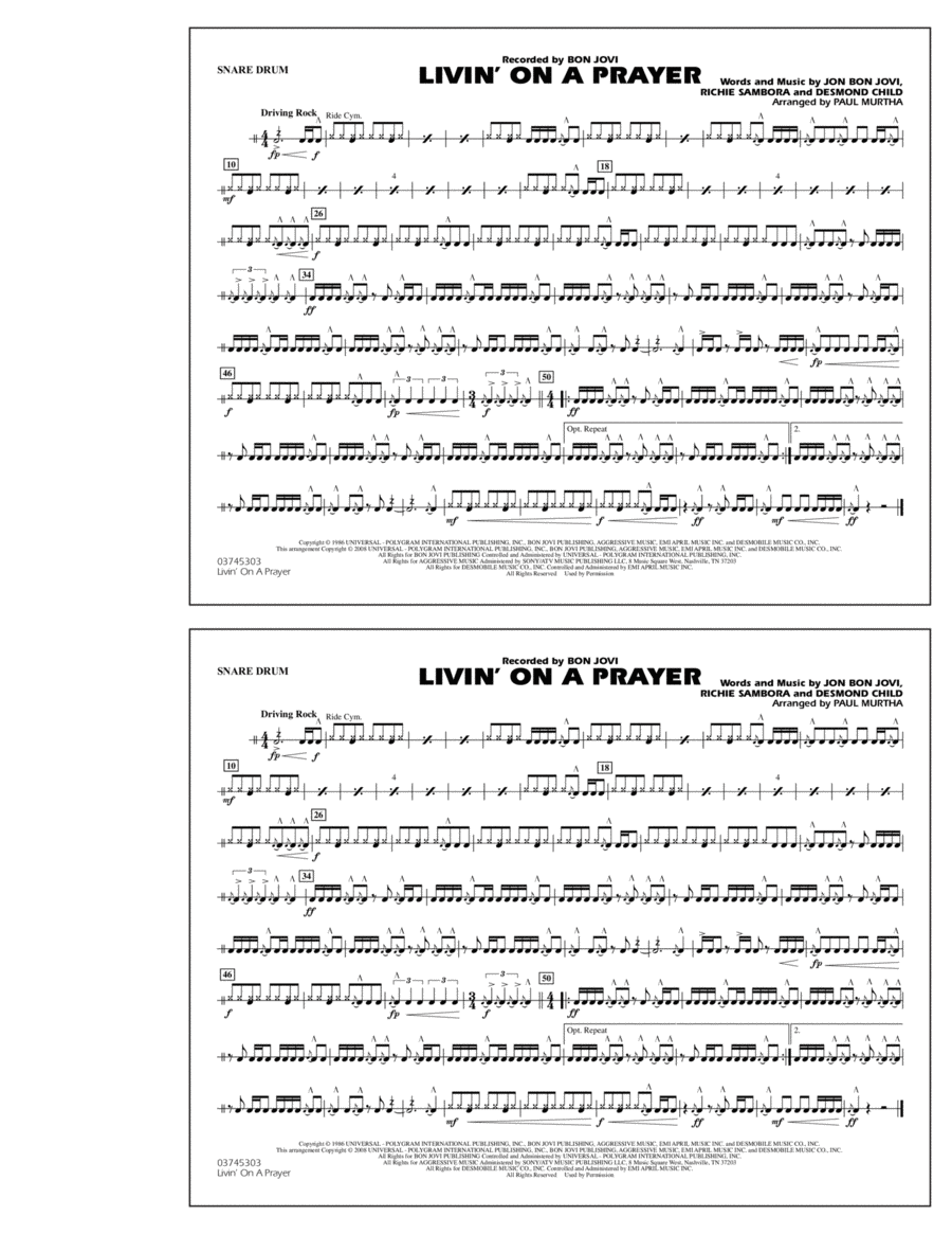 Livin' on a Prayer - Snare Drum by Paul Murtha - Marching Band ...