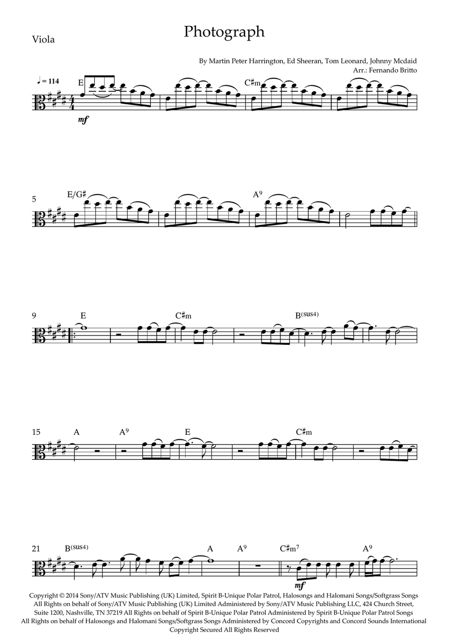 Photograph by Ed Sheeran - Viola Solo - Late Intermediate Digital Sheet ...