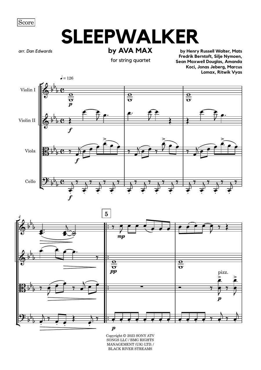 Sleepwalker by Dan Edwards - String Quartet - Digital Sheet Music ...