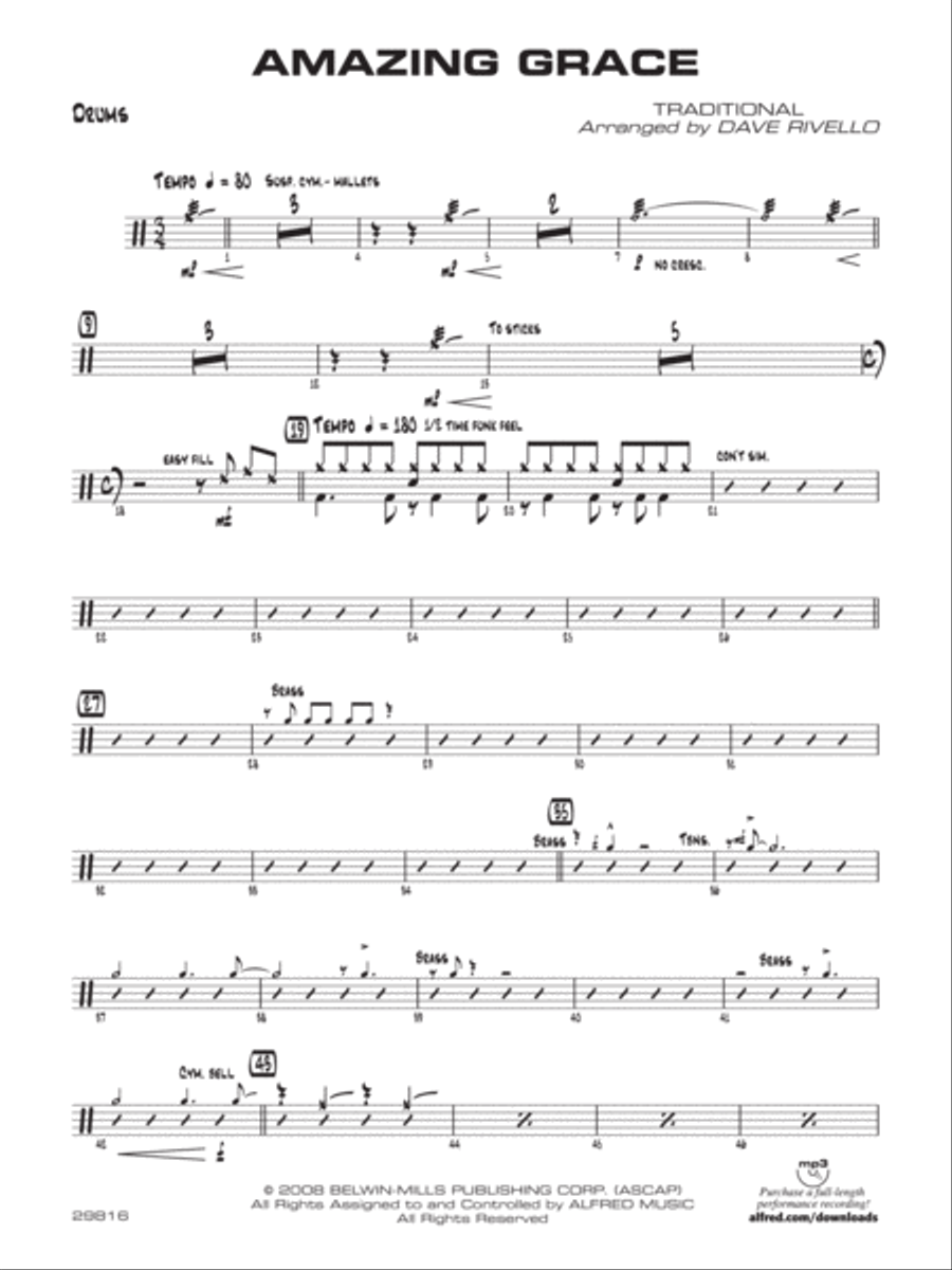 Amazing Grace: Drums - Jazz Ensemble - Digital Sheet Music | Sheet ...