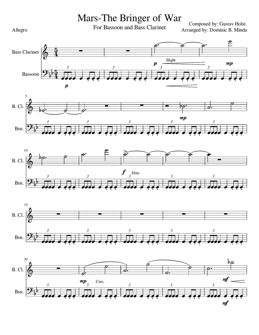 Mars-The Bringer of War, For Bass clarinet and Bassoon. by Gustav Holst ...