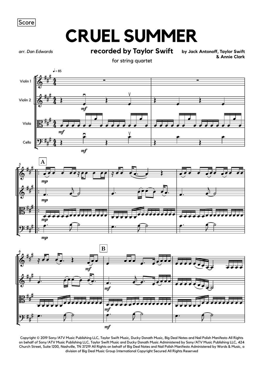Cruel Summer by Taylor Swift - Cello, Viola, Violin - Intermediate ...