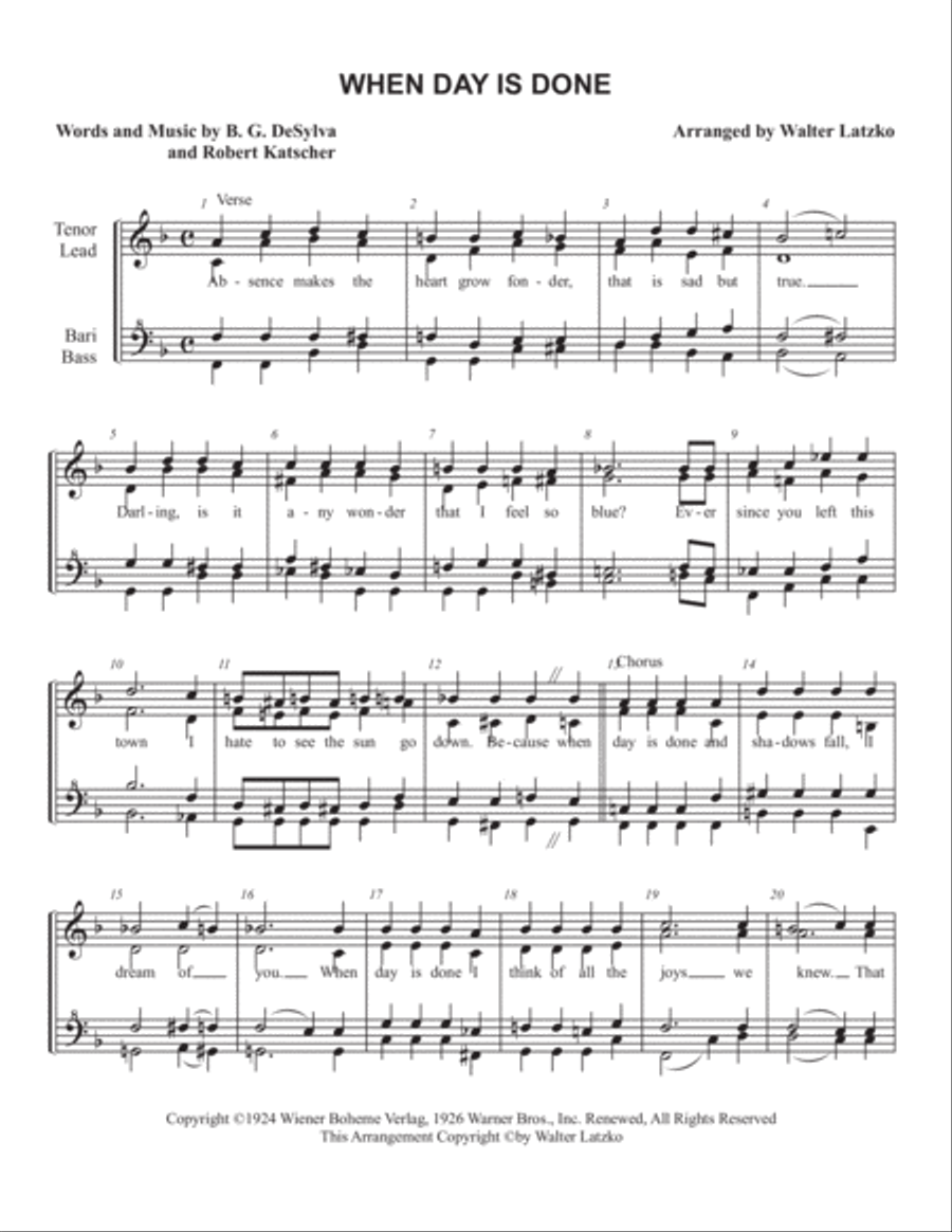 When Day Is Done by Robert Katscher - Choir - Digital Sheet Music ...