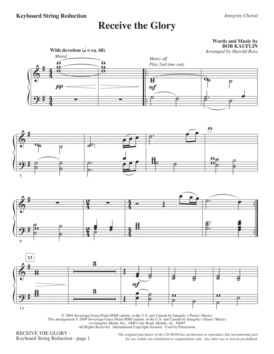Receive The Glory - Keyboard String Reduction by Harold Ross - Choir ...