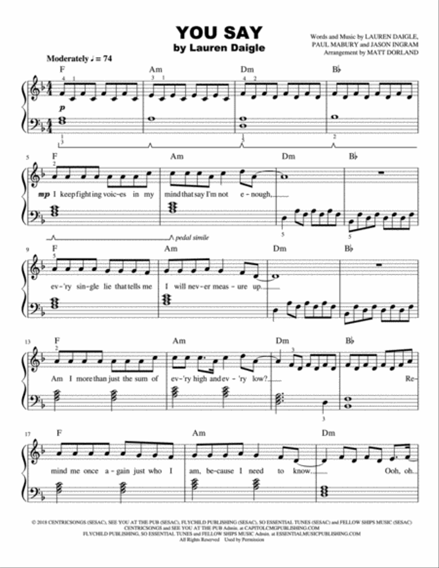 You Say by Lauren Daigle - Easy Piano - Digital Sheet Music | Sheet ...