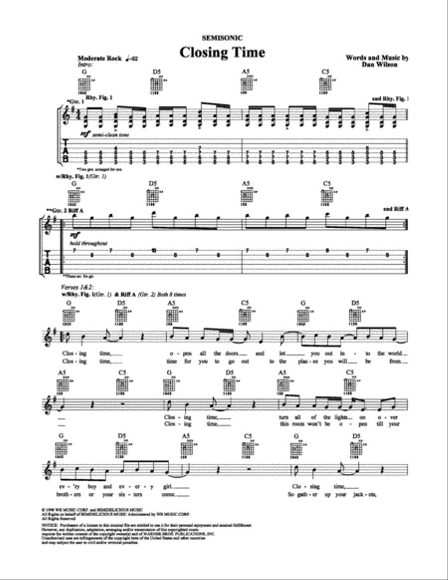 Closing Time by Semisonic - Electric Guitar - Digital Sheet Music ...