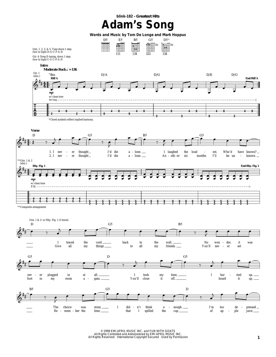 Adam's Song by Blink 182 - Electric Guitar - Digital Sheet Music ...