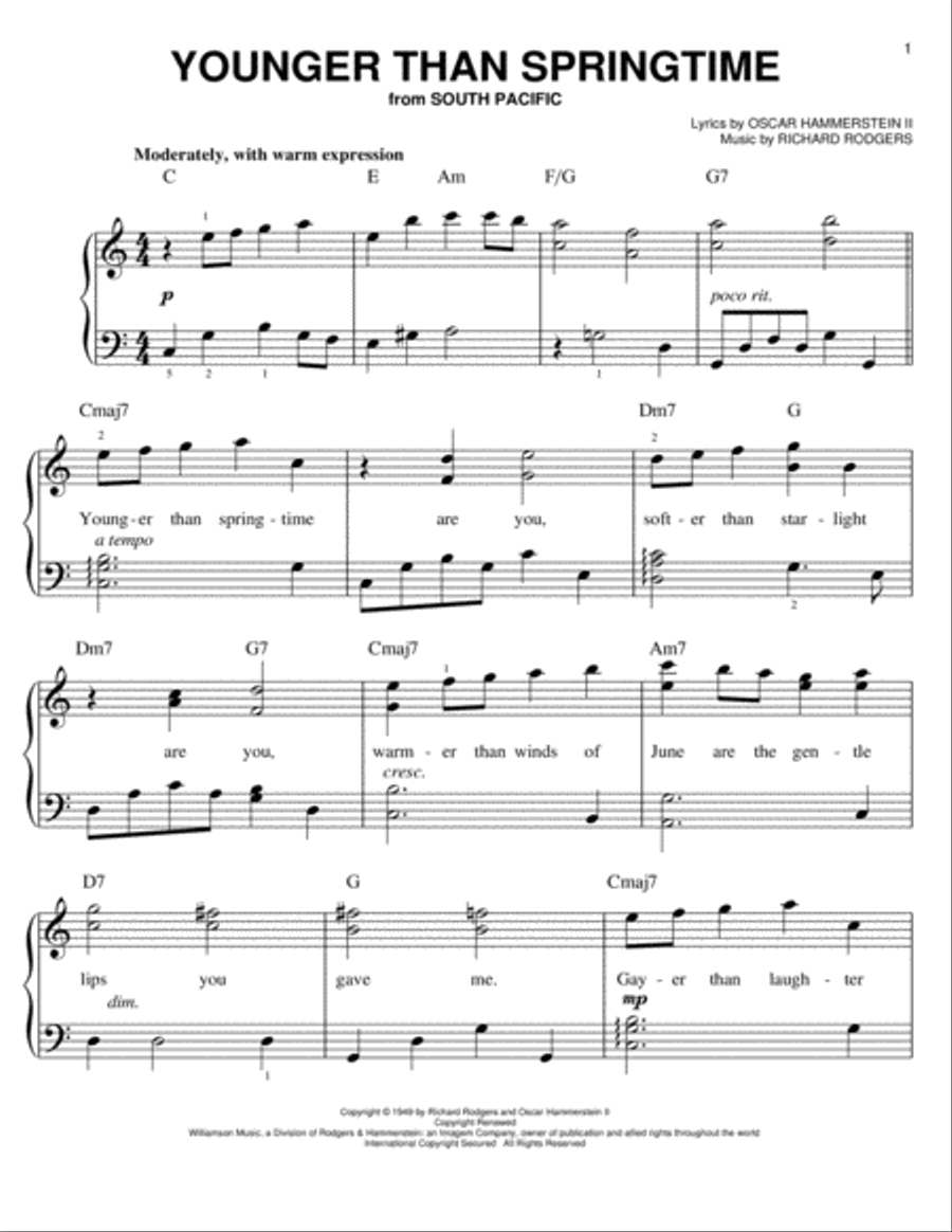 Younger Than Springtime by Rodgers & Hammerstein - Easy Piano - Digital ...