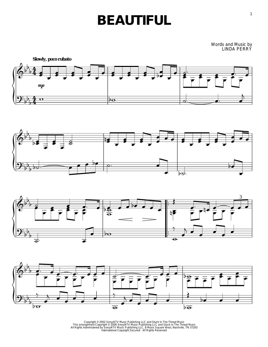 Beautiful by Christina Aguilera - Piano Solo - Digital Sheet Music ...