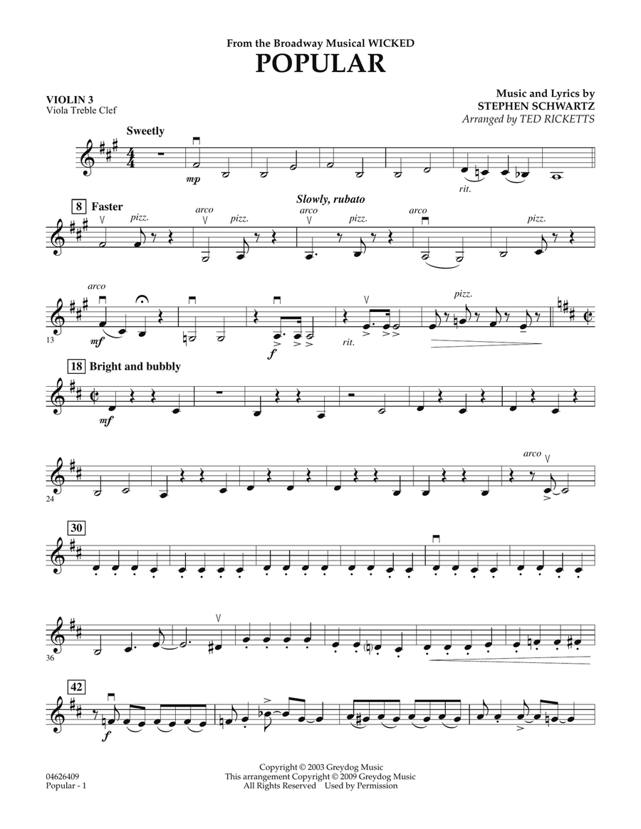 Popular (from "Wicked") - Violin 3 (Viola Treble Clef) by Ted Ricketts ...