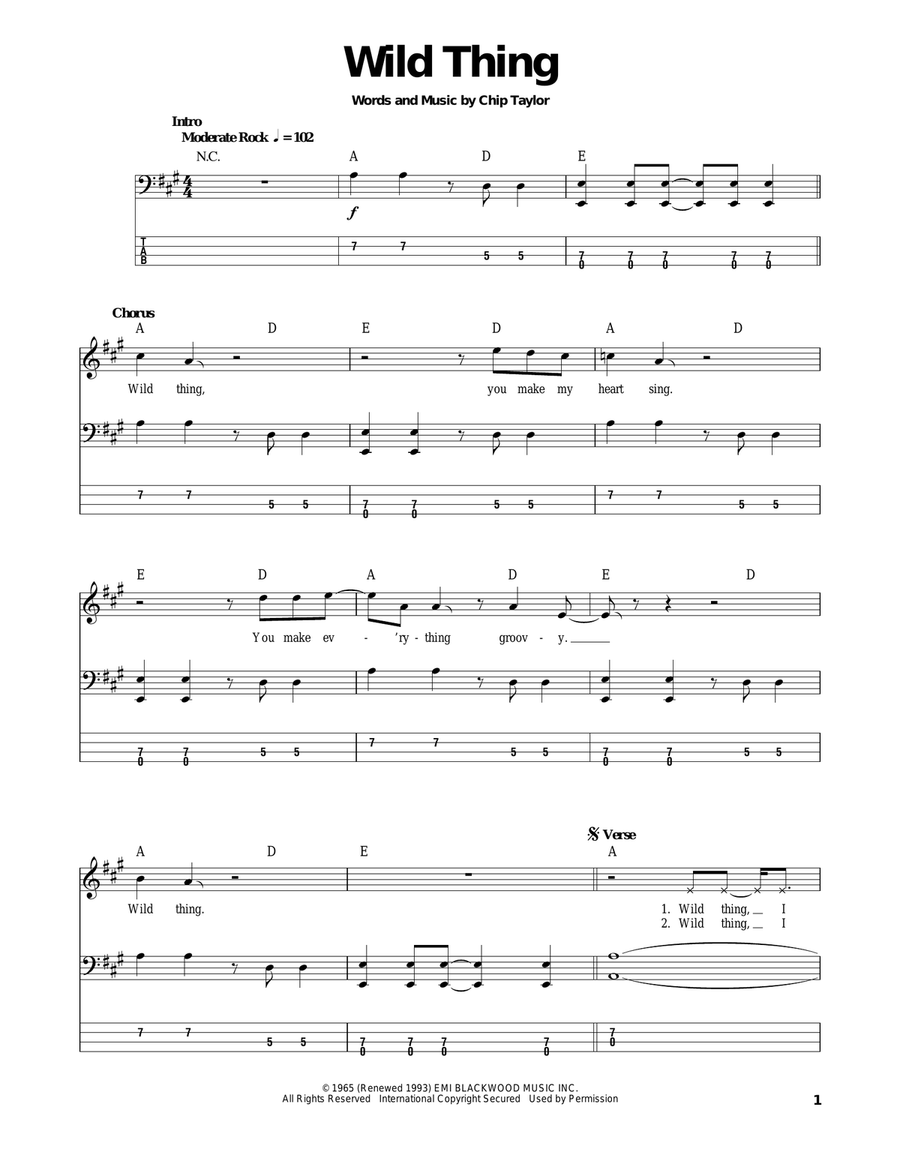 Wild Thing by The Troggs - Bass Guitar Tablature - Digital Sheet Music ...
