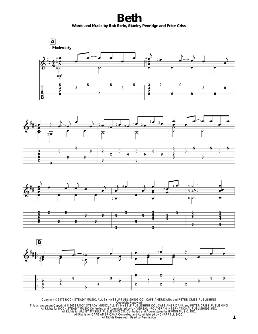 Beth by Kiss - Acoustic Guitar - Digital Sheet Music | Sheet Music Plus
