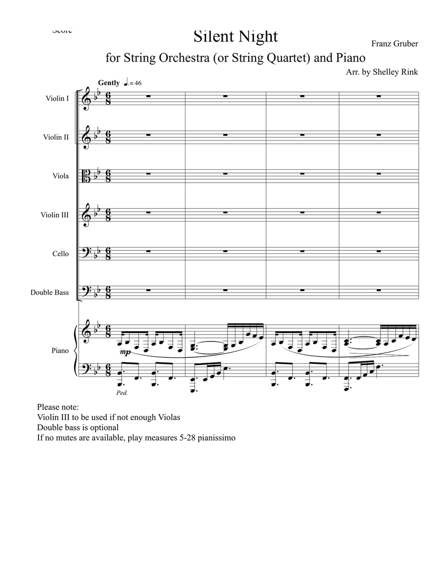Silent Night for String Orchestra (or String Quartet) and Piano by ...