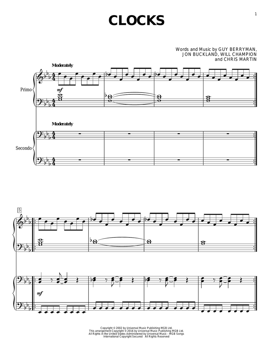 Clocks by Coldplay - 1 Piano, 4-Hands - Digital Sheet Music | Sheet ...