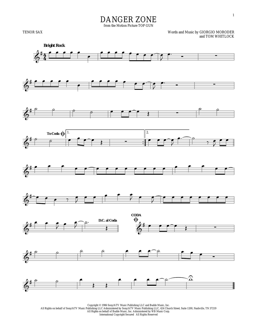 Danger Zone by Kenny Loggins - Tenor Saxophone - Digital Sheet Music ...