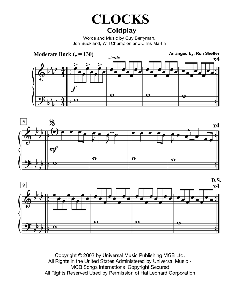 Clocks by Coldplay - Easy Piano - Digital Sheet Music | Sheet Music Plus