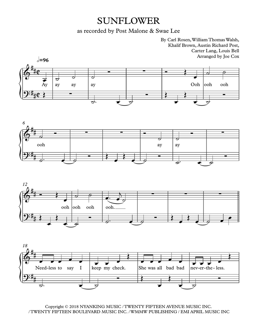 Sunflower by Post Malone - Voice - Digital Sheet Music | Sheet Music Plus