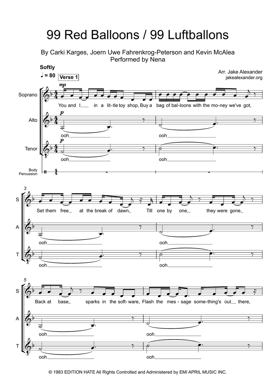 99 Red Balloons (99 Luftballons) - SAT - Digital Sheet Music | Sheet ...