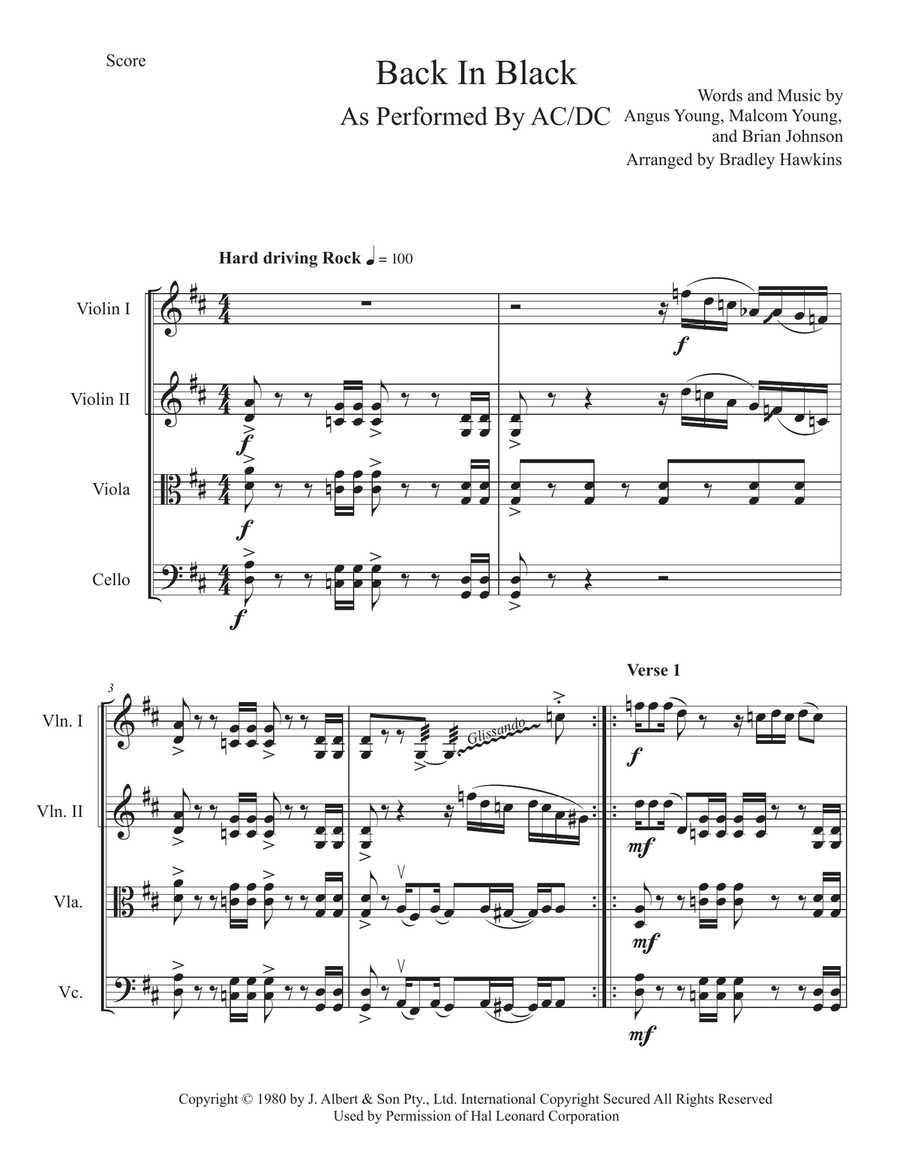 Back In Black by AC/DC - String Quartet - Digital Sheet Music | Sheet ...