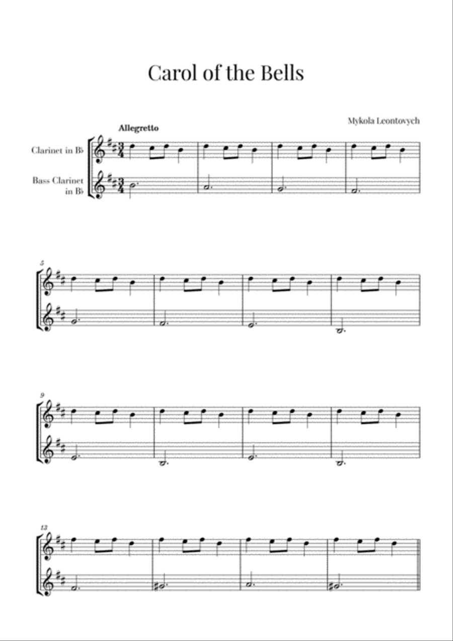 Carol of the Bells for Clarinet and Bass Clarinet - Woodwind Ensemble ...