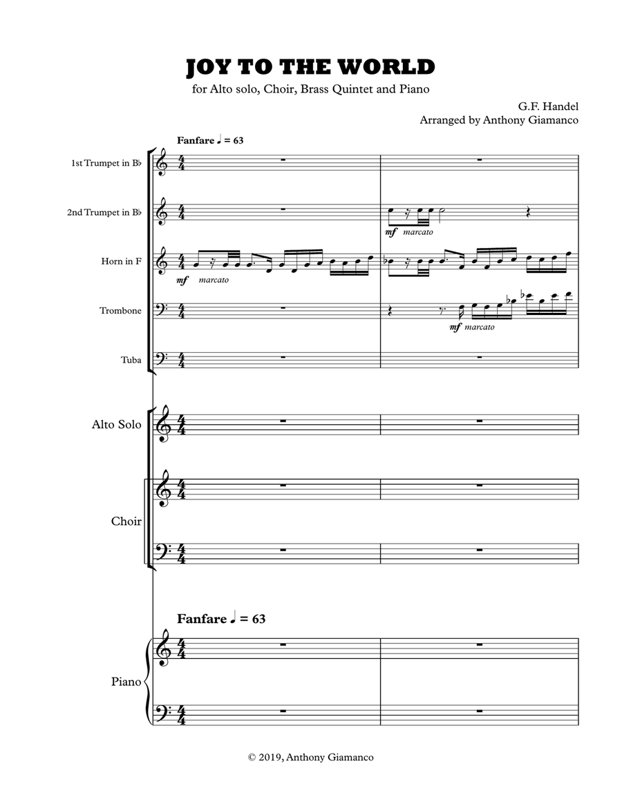 Joy to the World (alto solo, choir, brass quintet and piano) by George ...